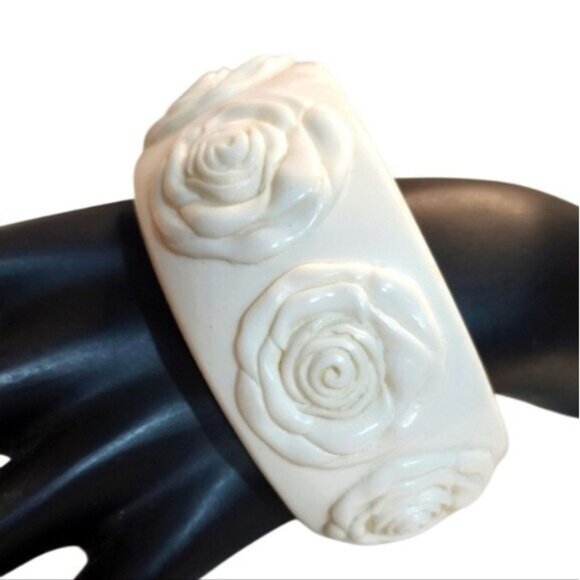Vintage | Jewelry | Vintage Ivory Rose Molded Bangle Raised Floral Wide ...